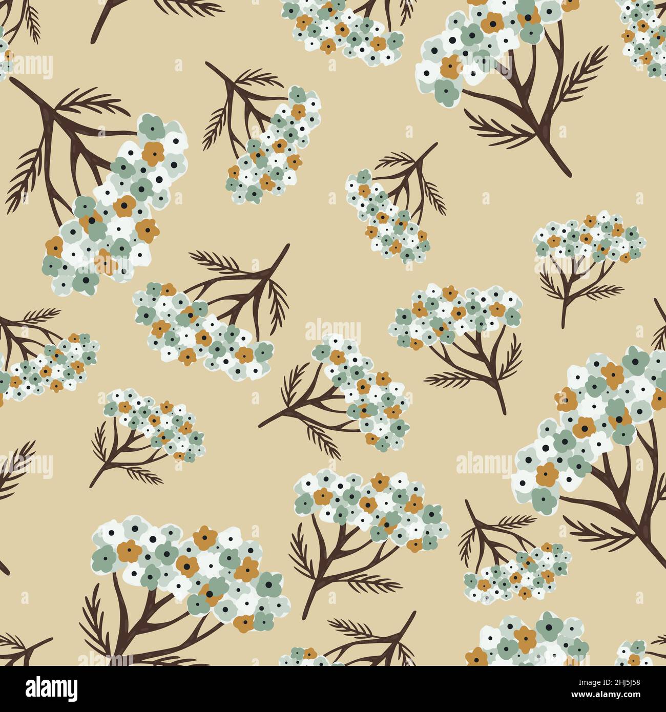 Random seamless pattern with simple yarrow silhouettes. Beige ...