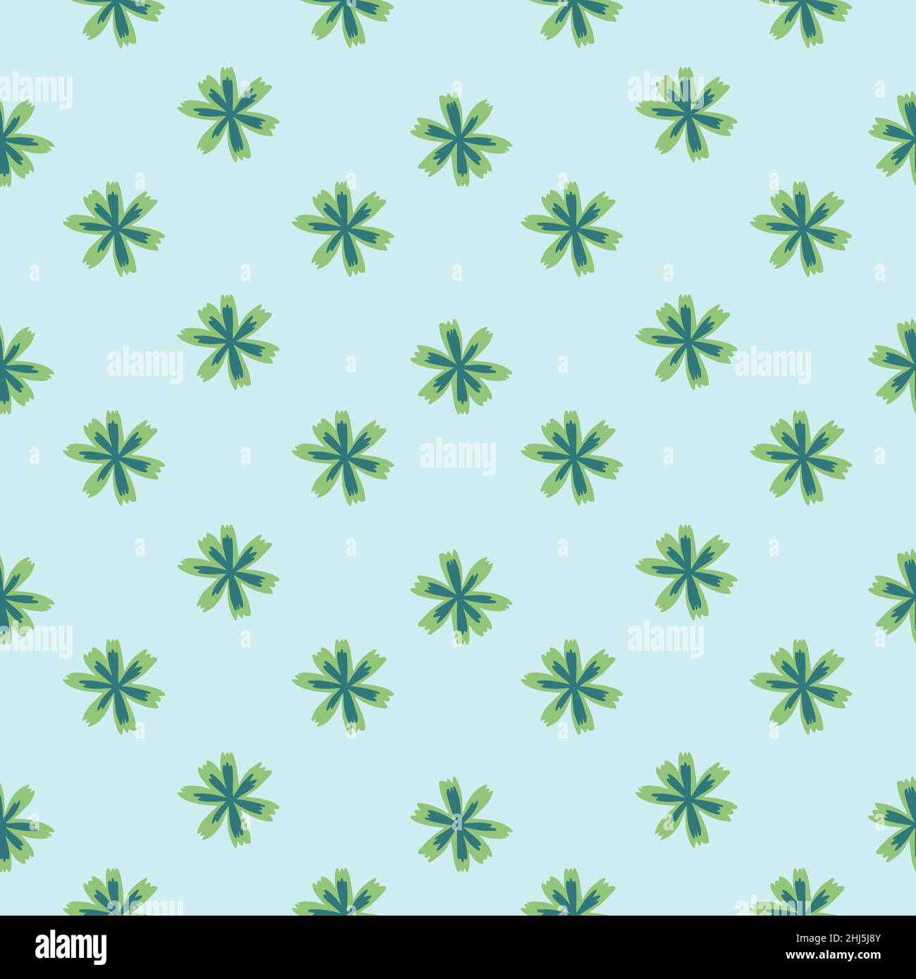 Ditsy seamless pattern with green simple flower silhouettes. Blue ...