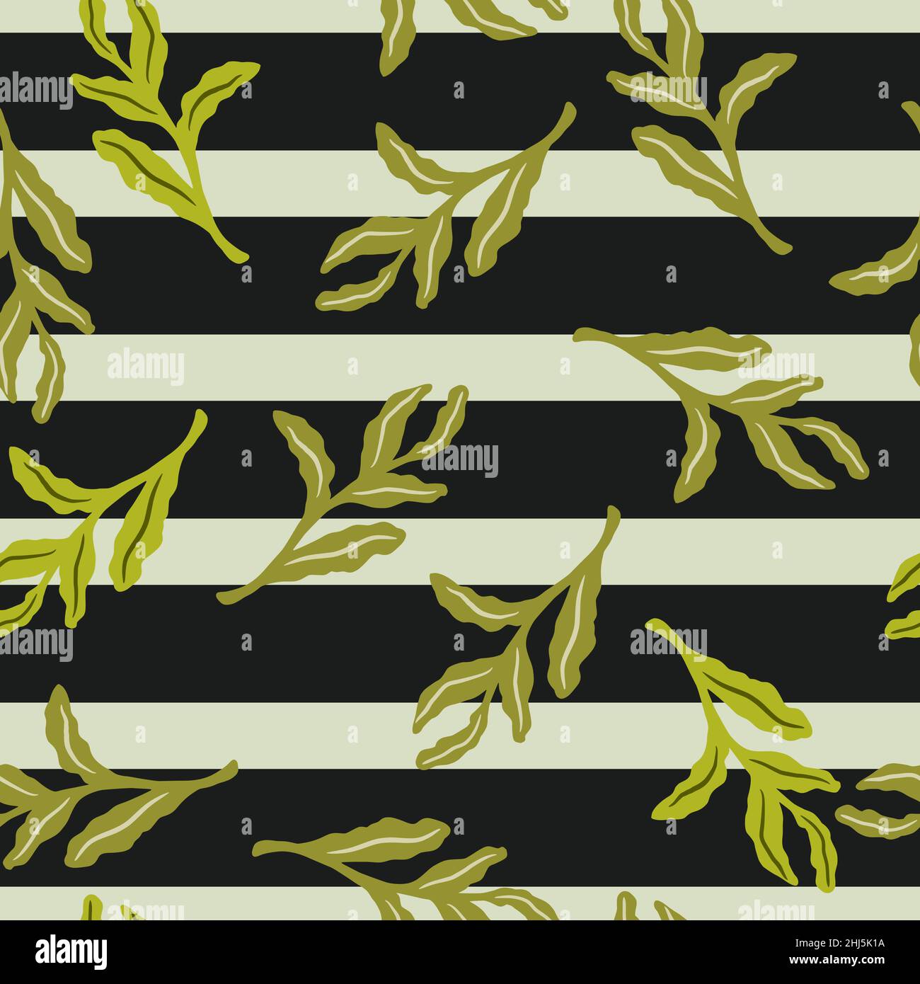 Random green doodle leaves seamless pattern. Tropical shapes on dark ...