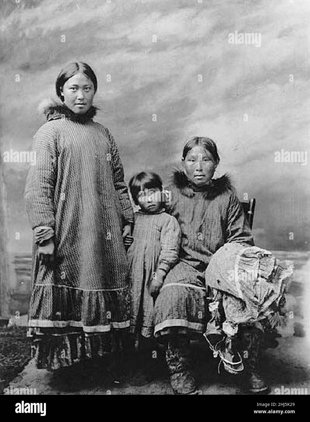 Studio portrait of three Eskimo girls in summer parkas, Alaska, ca 1901 ...