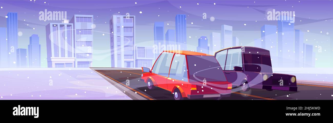 Cars driving at winter city road with falling snow and modern town ...