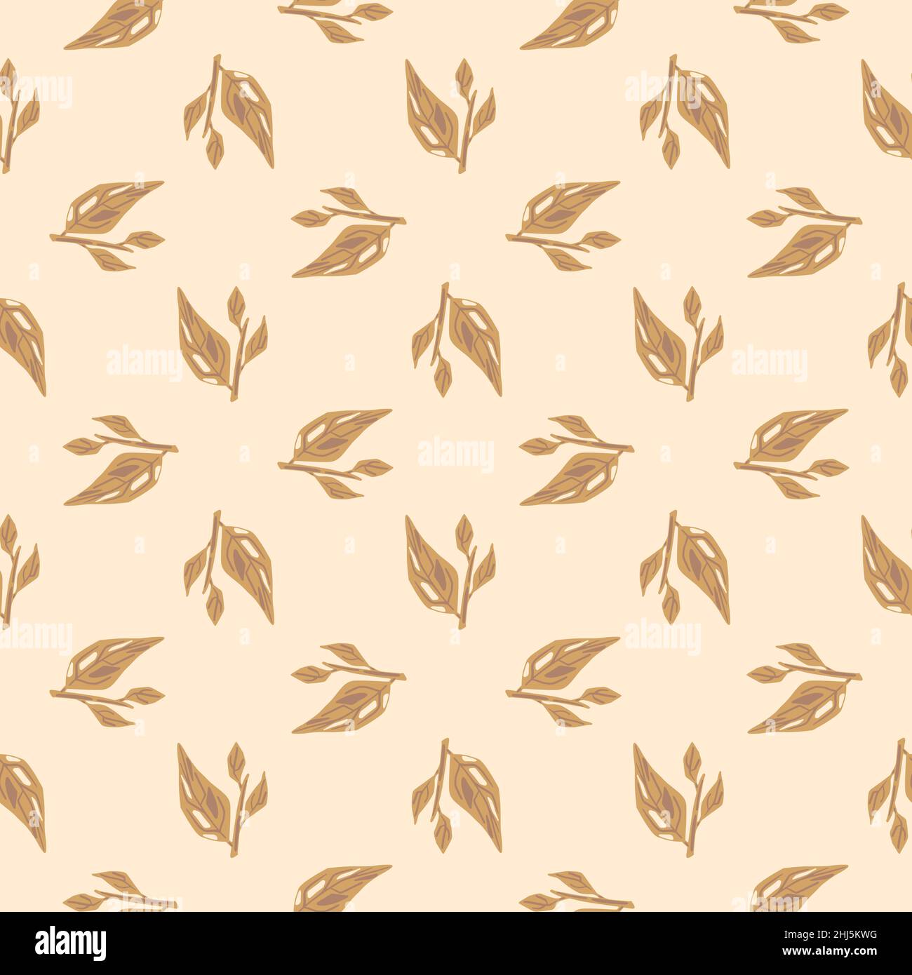 Abstract botanical seamless pattern with beige leaf branches elements. Light background. Graphic ...