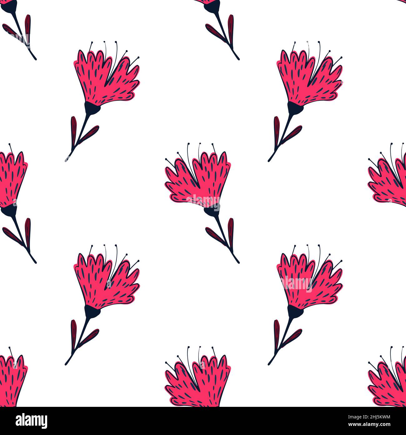 Botanic isolated seamless pattern with bright pink flower contoured elements. White background ...