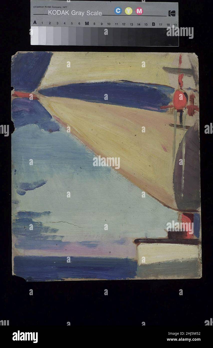 Study of a ships mast and lower sails, at sea, above a deckhouse Stock ...