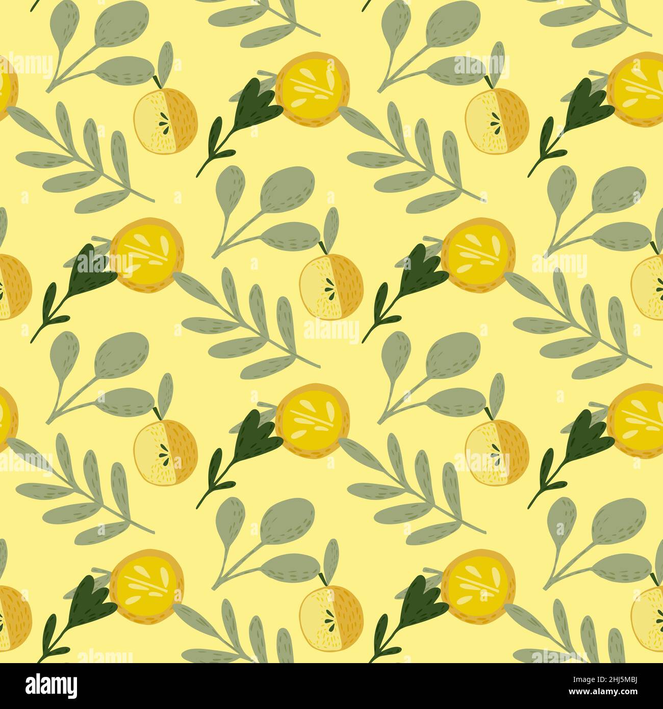 Summer seamless fruit pattern with yellow apples and grey leaf print ...