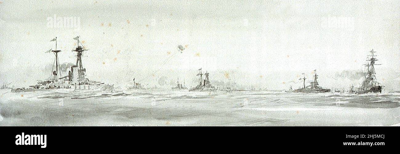 Study of R-class and 'Queen Elizabeth'-class battleships at sea, with ...