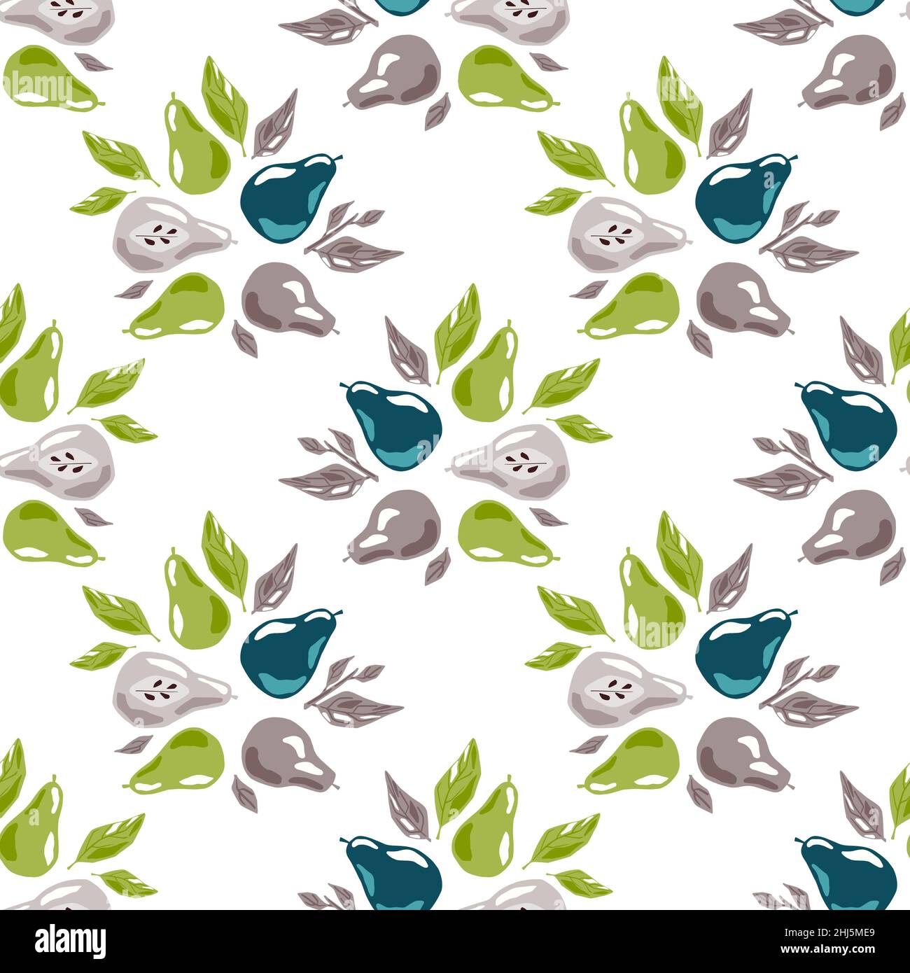 Isolated seamless botanic pattern with navy blue and light purple pear shapes and green leaves ...