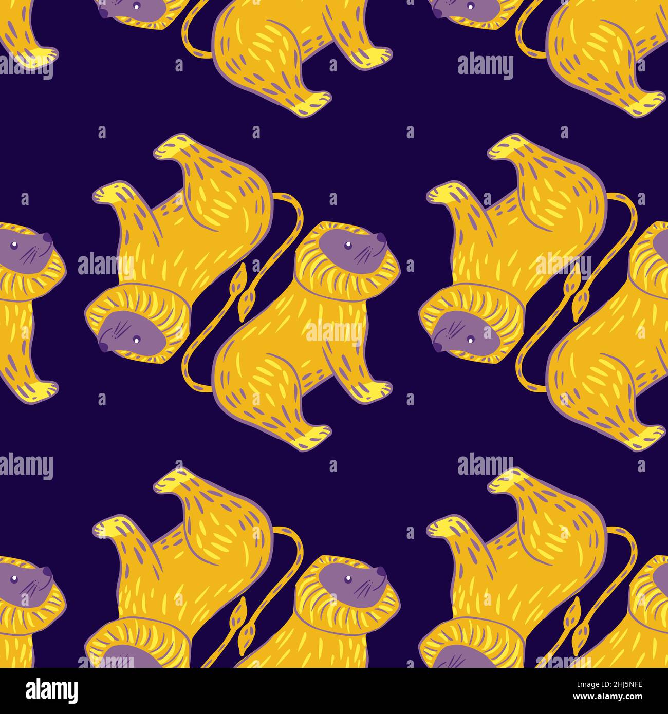 Bright decorative seamless pattern with yellow doodle lion ornament ...