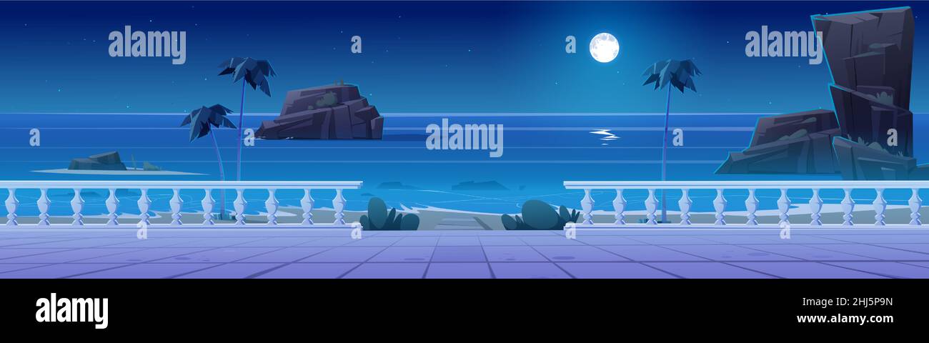 Summer seafront on tropical beach at night. Ocean shore landscape with ...