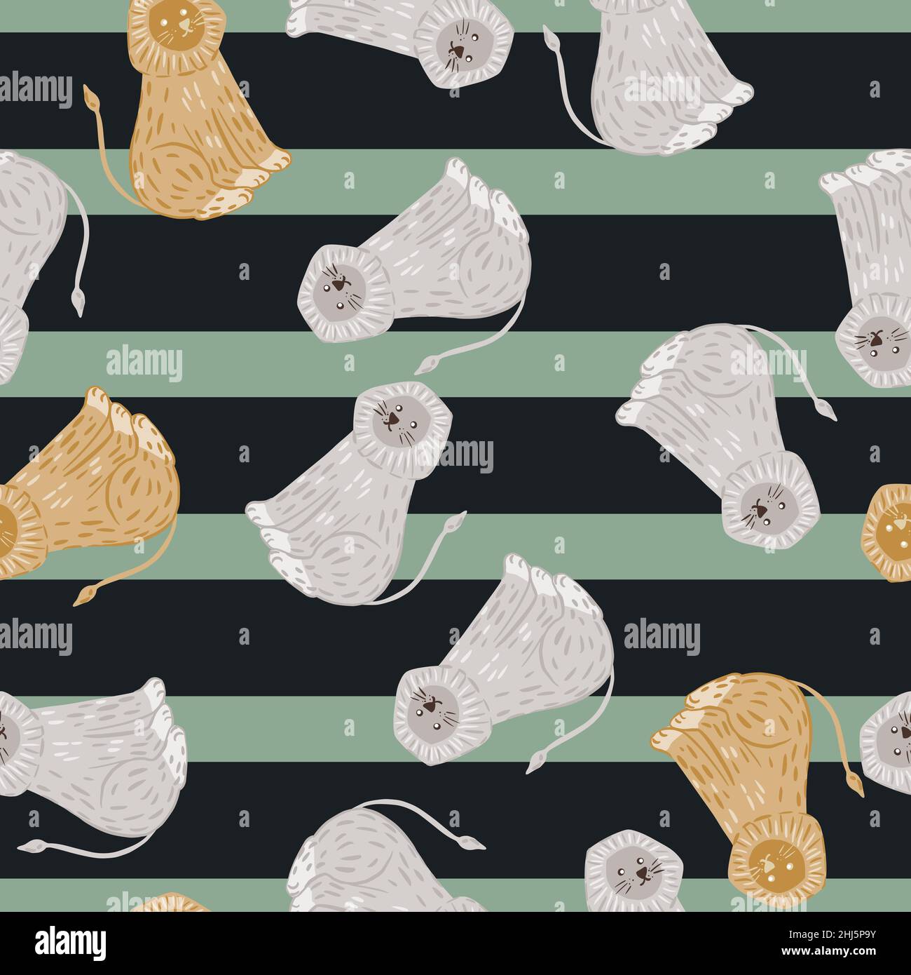 Random seamless pattern with blue and beige random lion ornament ...