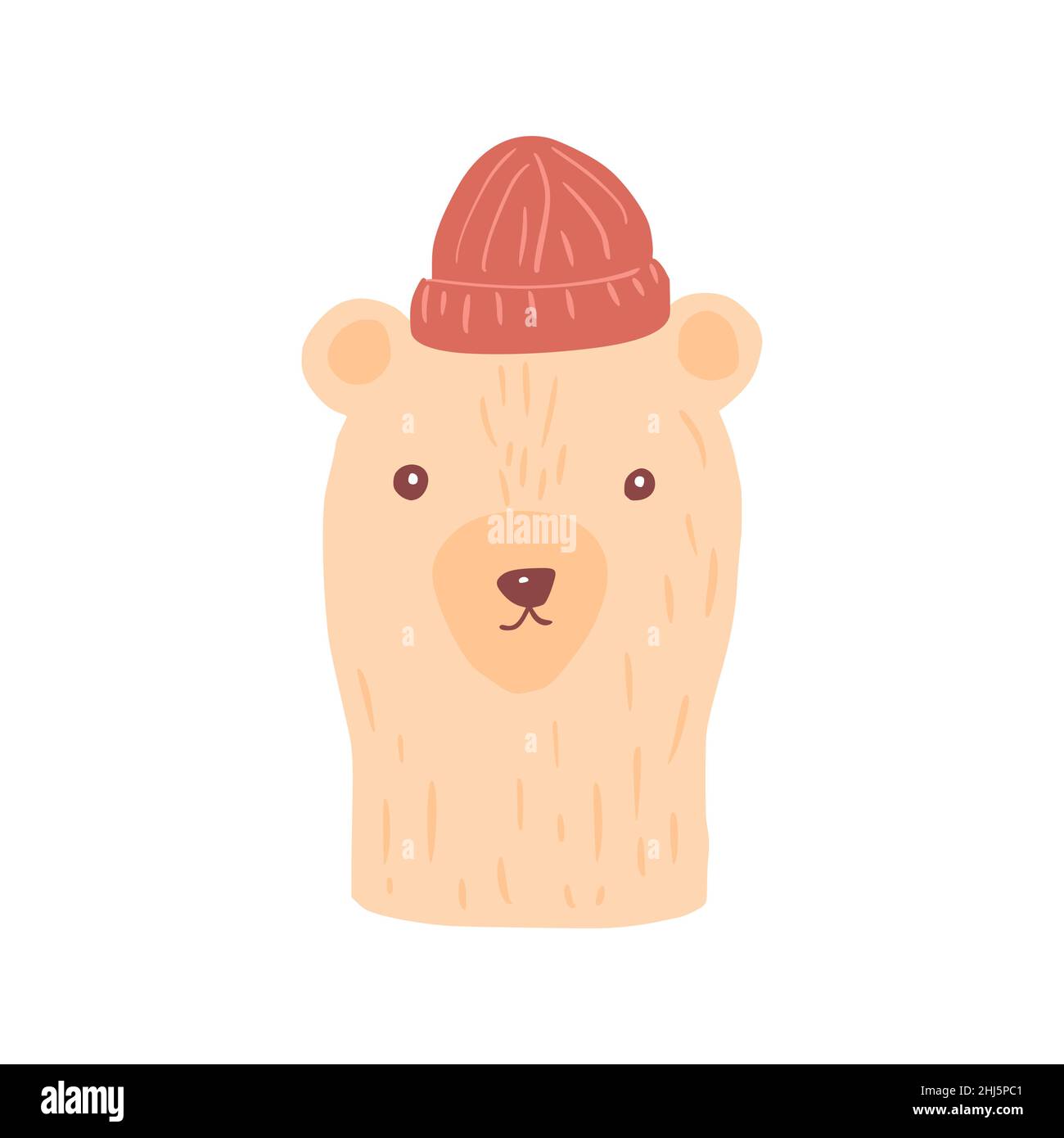 Head brown bear on white background. Cute character man in red beanie ...