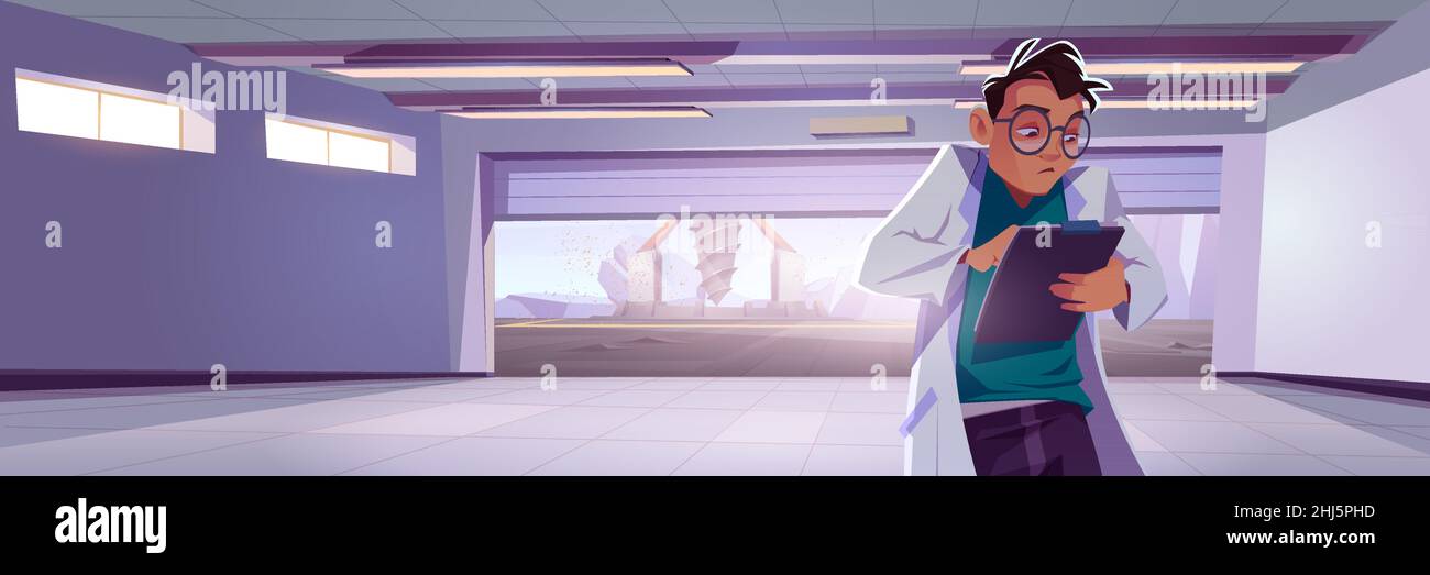 Scientist in hangar on alien planet surface with drilling rig. Vector ...