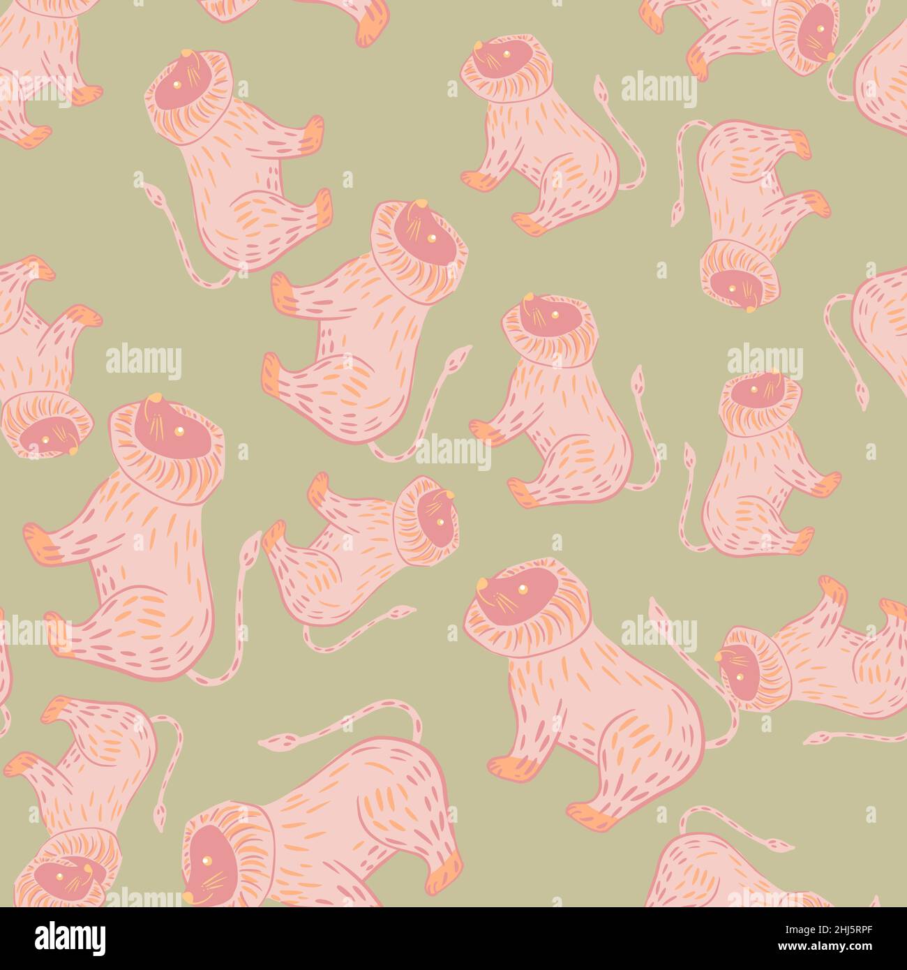 Random seamless pattern with pastel pink lion doodle ornament. Light ...
