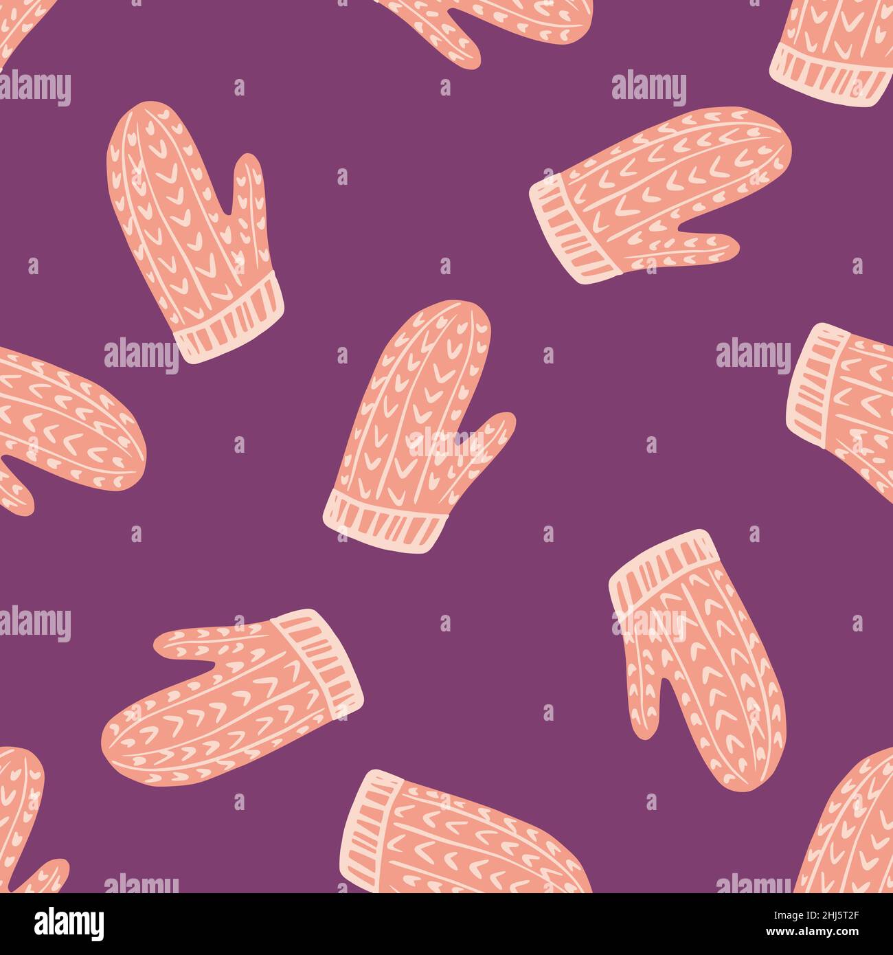 Random pink doodle mittens seamless pattern in cozy style. Purple ...