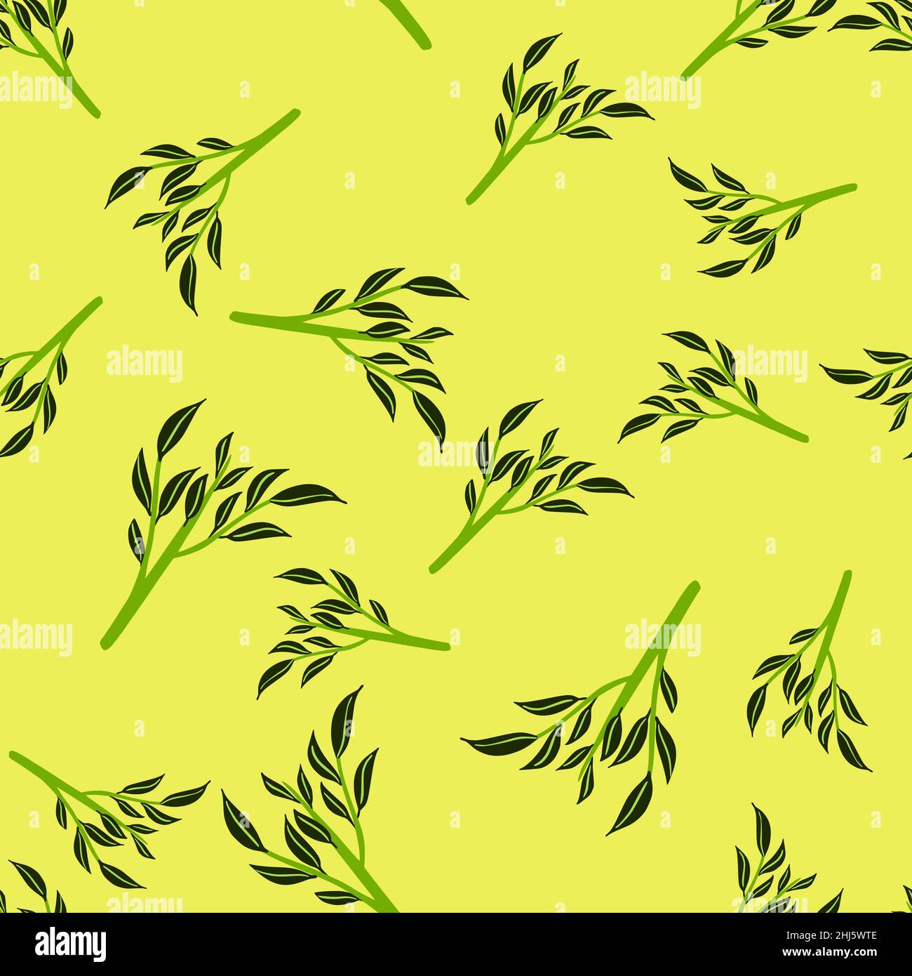 Random botanic seamless pattern with hand drawn green colored branches ornament. Yellow ...