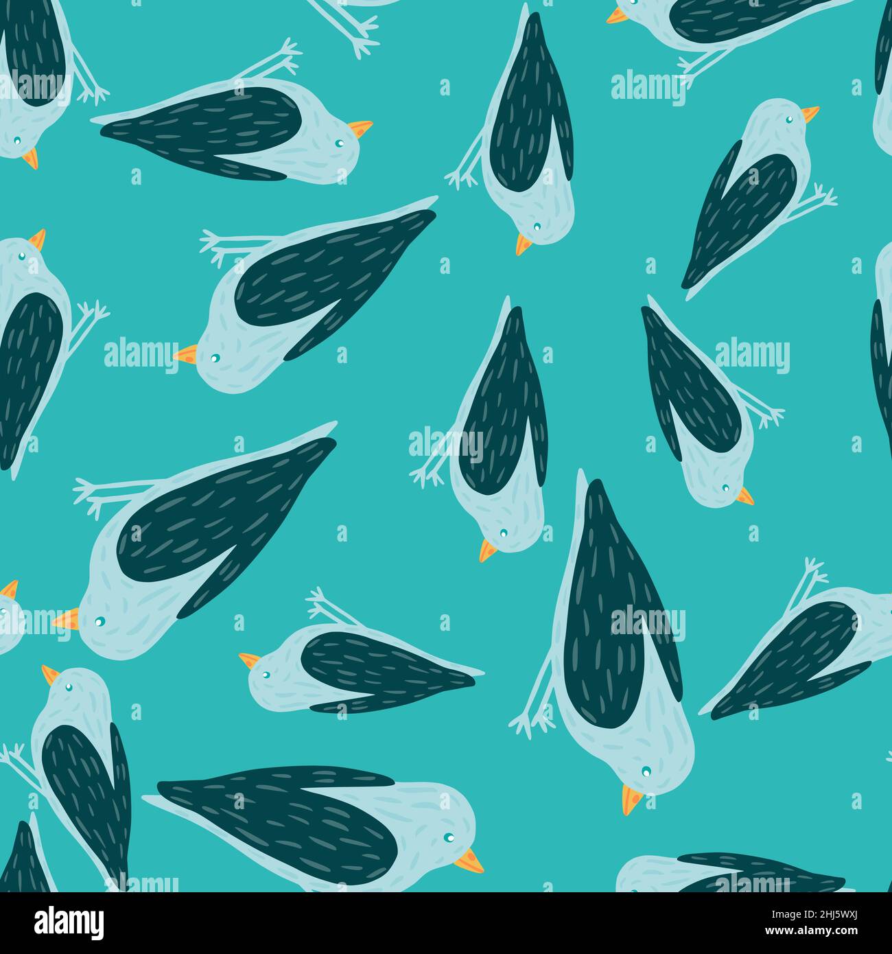 Seamless random pattern with hand drawn cartoon birds ornament. Bright ...