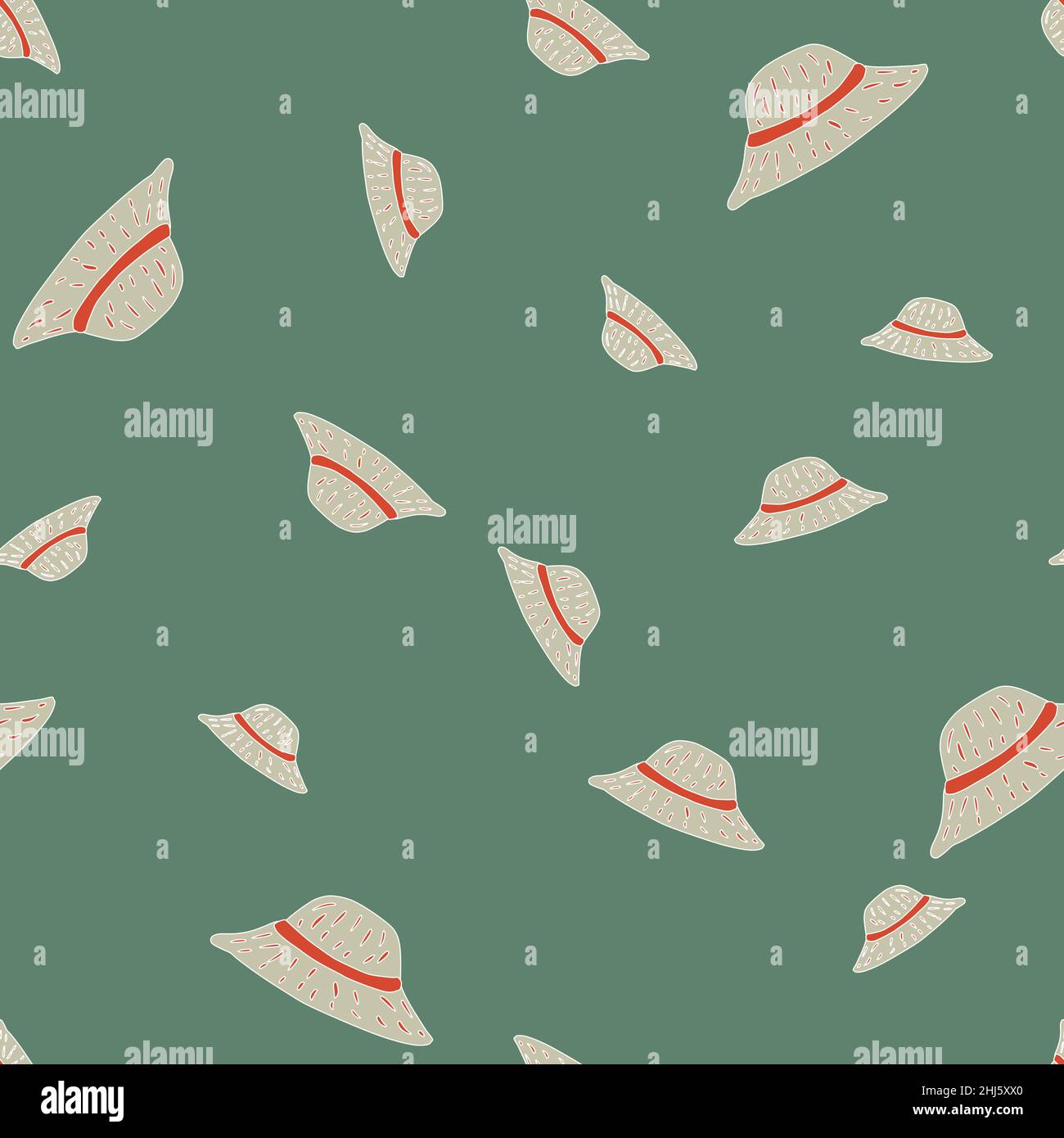 Random seamless pattern with grey colored panama hat ornament. Pastel ...