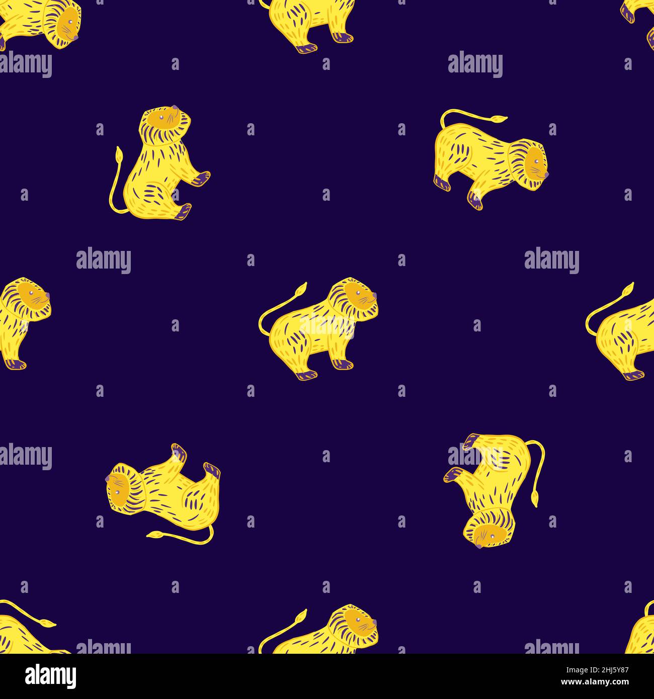 Animal seamless cute pattern with bright yellow lion ornament. Navy ...