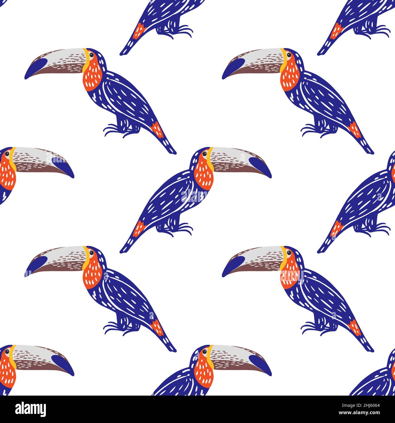 Isolated cartoon seamless pattern with bright navy blue toucan shapes ...