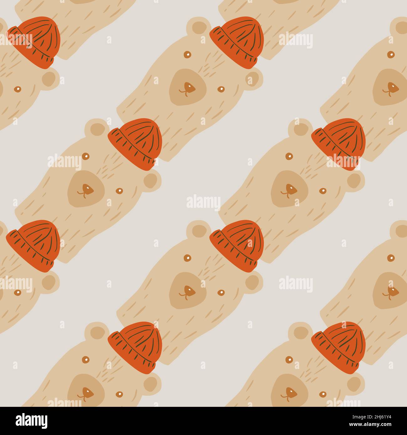 Pale seamless pattern with beige colored bear head in hats print ...