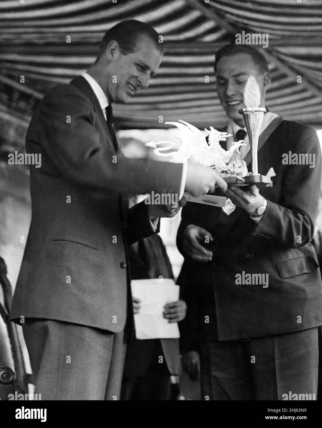 Prince Philip visiting Wales. A scroll and electric lamp stand is ...