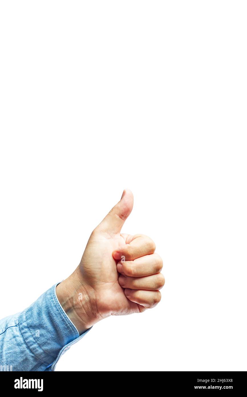 Hand showing thumb up sign against isolated on white background. Man ...