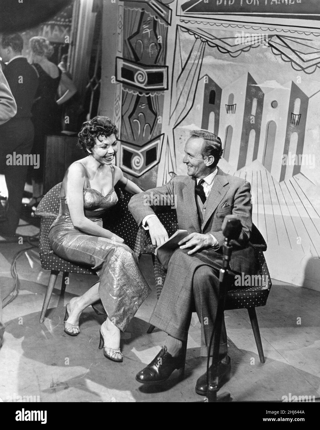 Simone Silva french actress with compere McDonald Hobley during filming ...