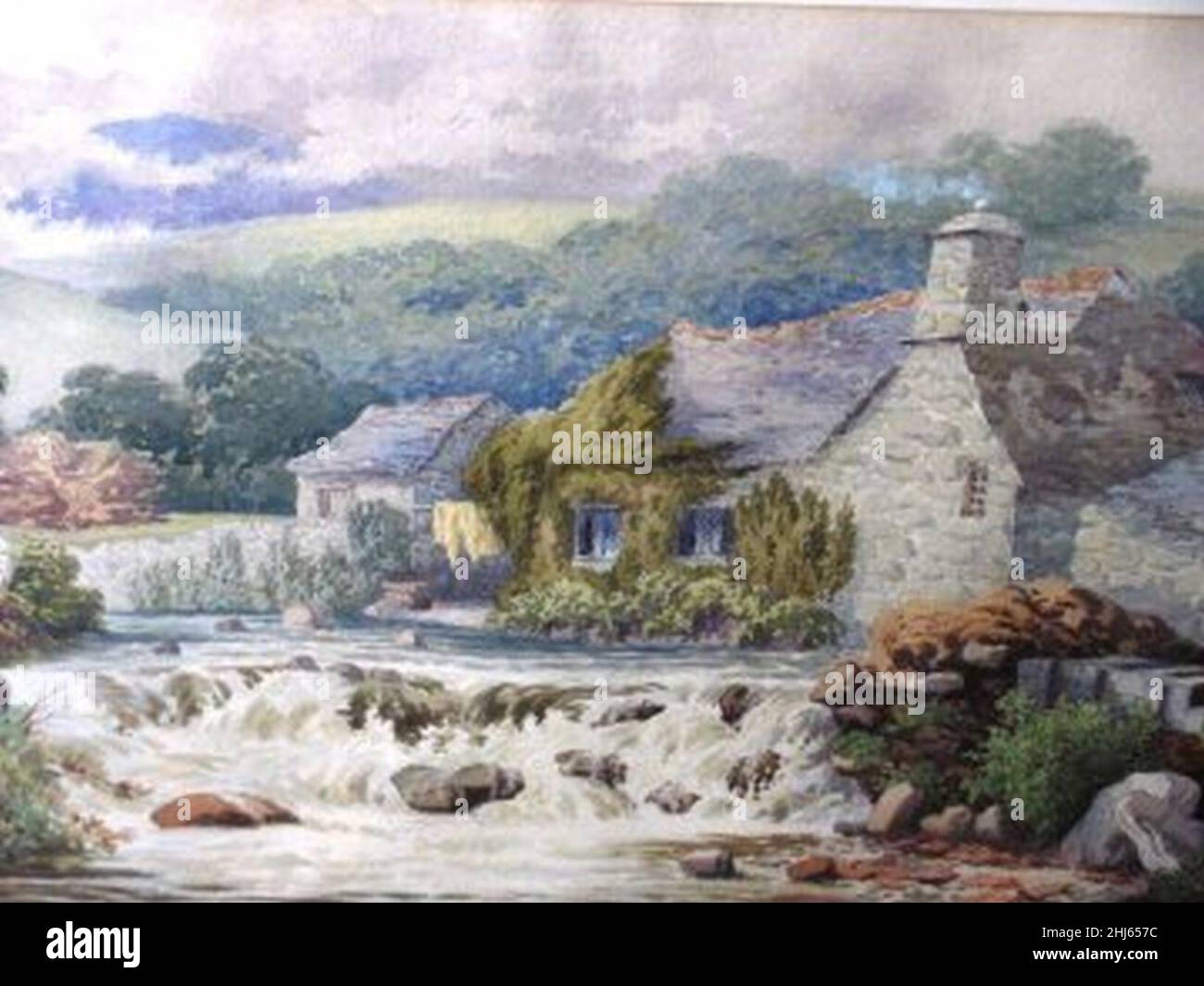 Suffolk waterside landscape with stone cottage (undated) by Lewis Stock ...