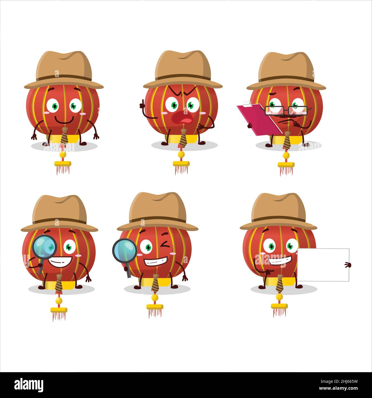 Detective red chinese lamp cute cartoon character holding magnifying ...
