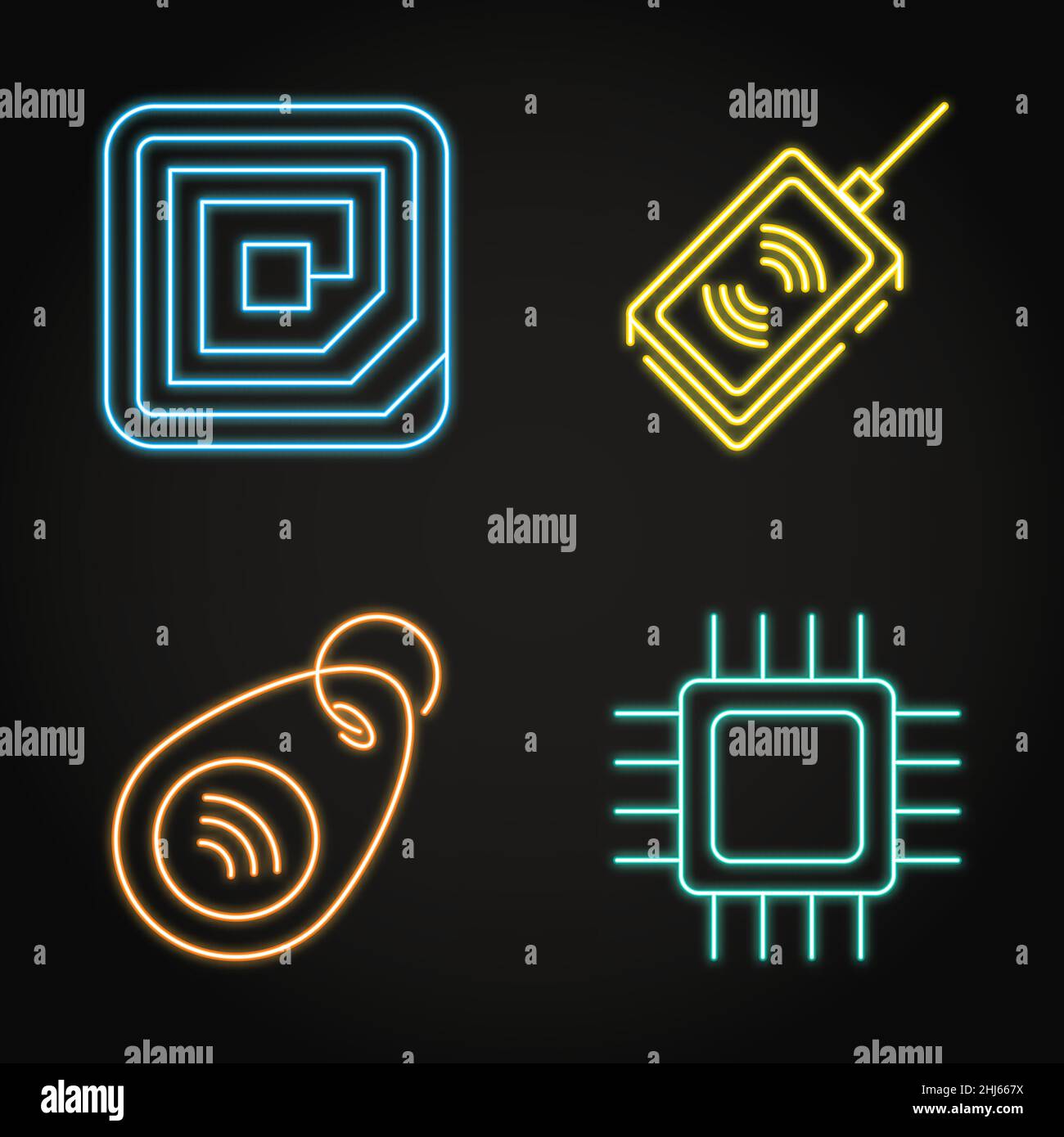 Neon RFID tag and microchip icon set in line style. Radio frequency ...