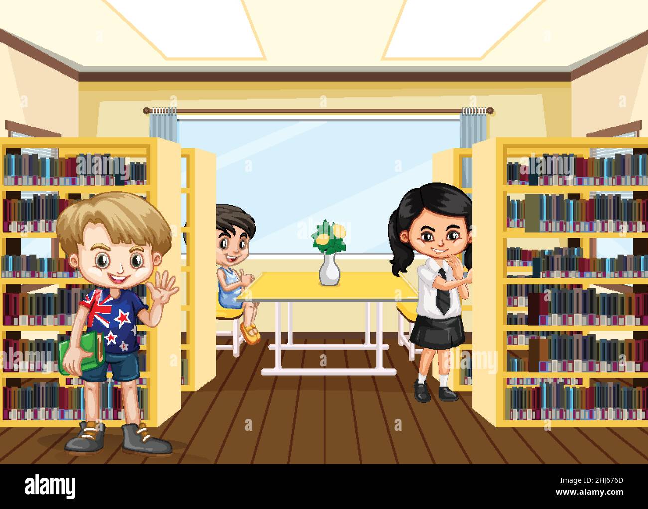 School library scene with happy children illustration Stock Vector ...