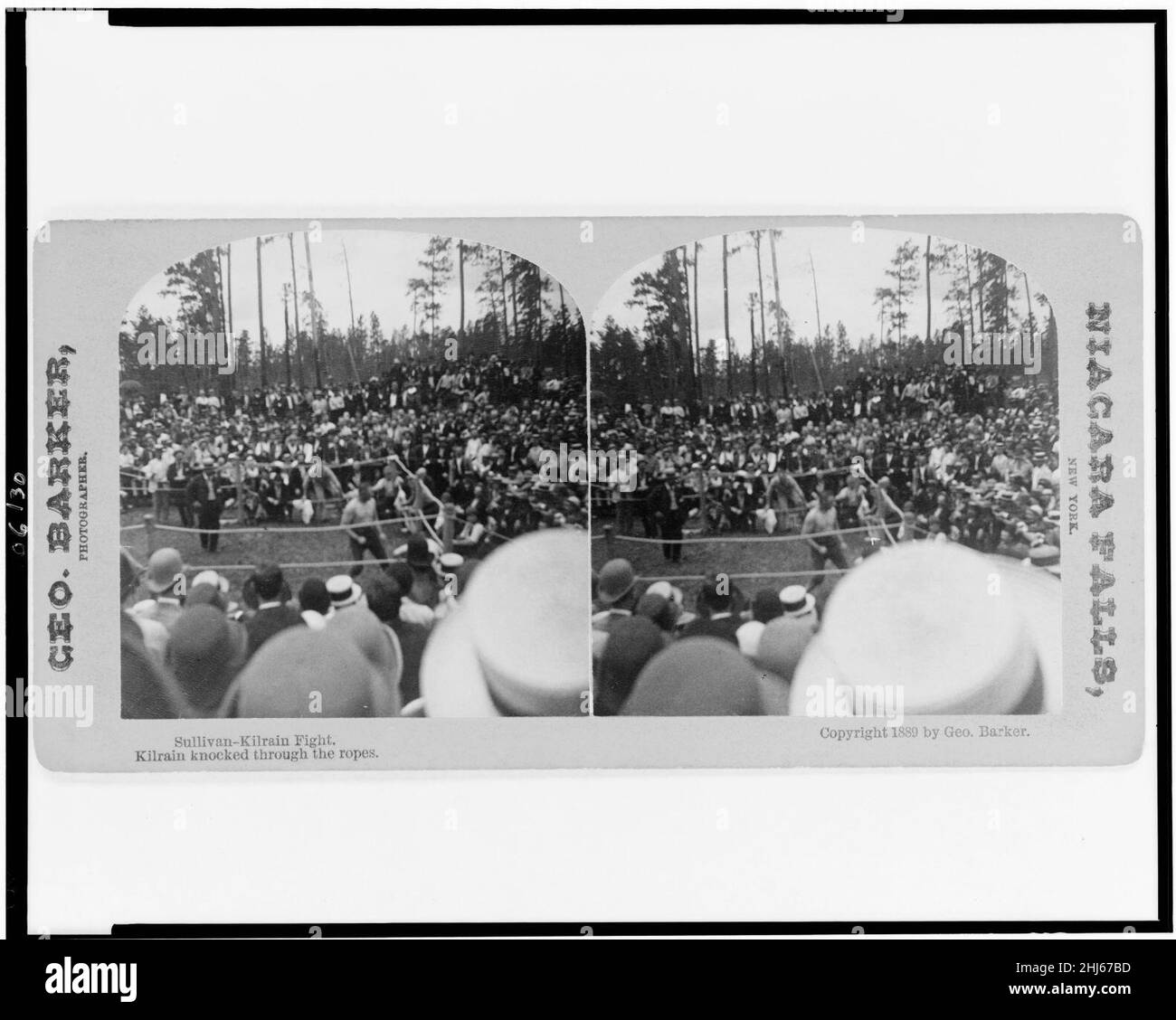 Sullivan-Kilrain fight. Kilrain knocked through the ropes - Geo. Barker ...