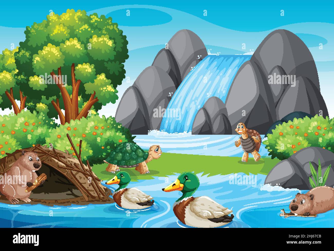 Waterfall in forest background with wild animals illustration Stock ...