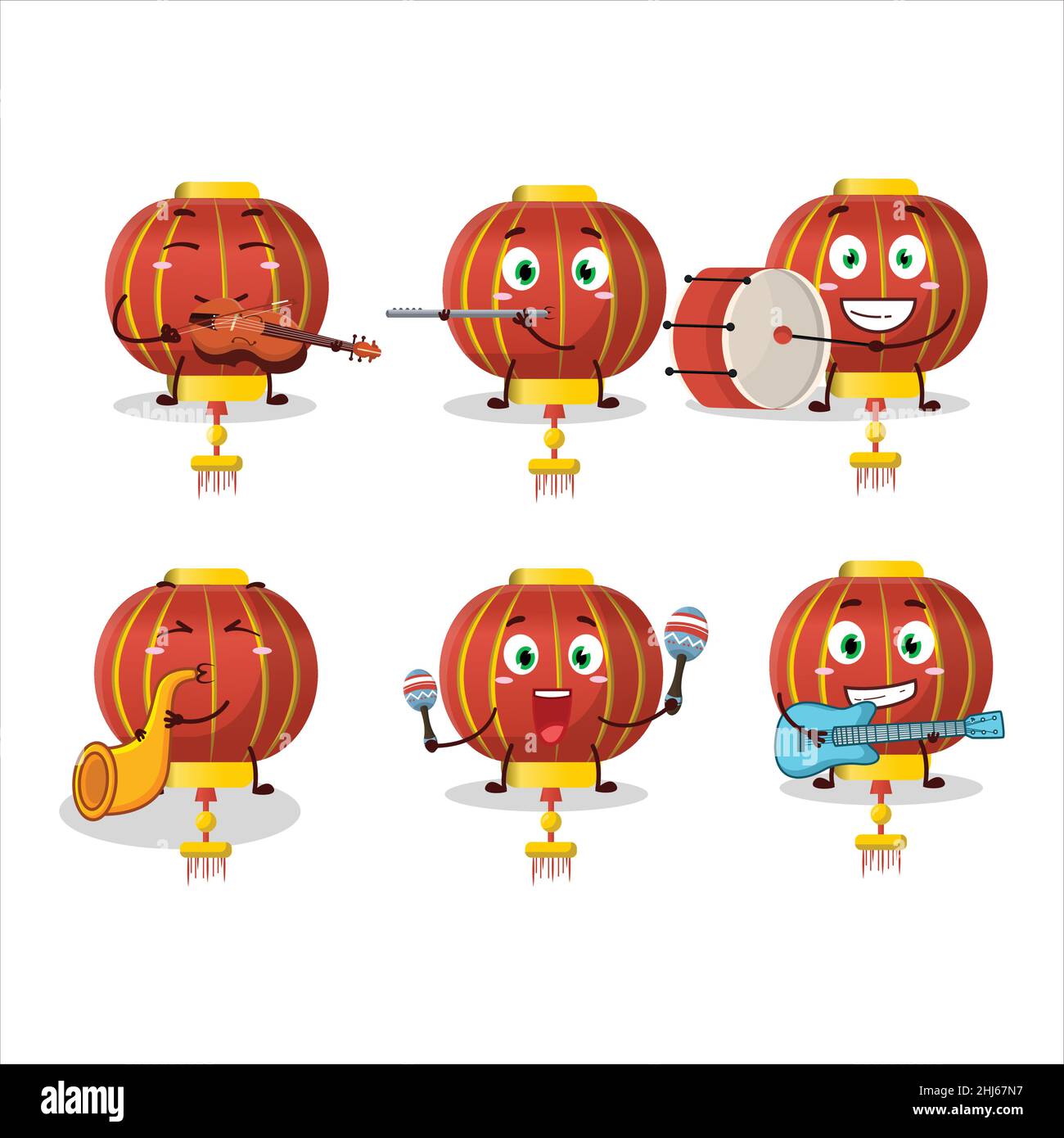 Cartoon character of red chinese lamp playing some musical instruments ...