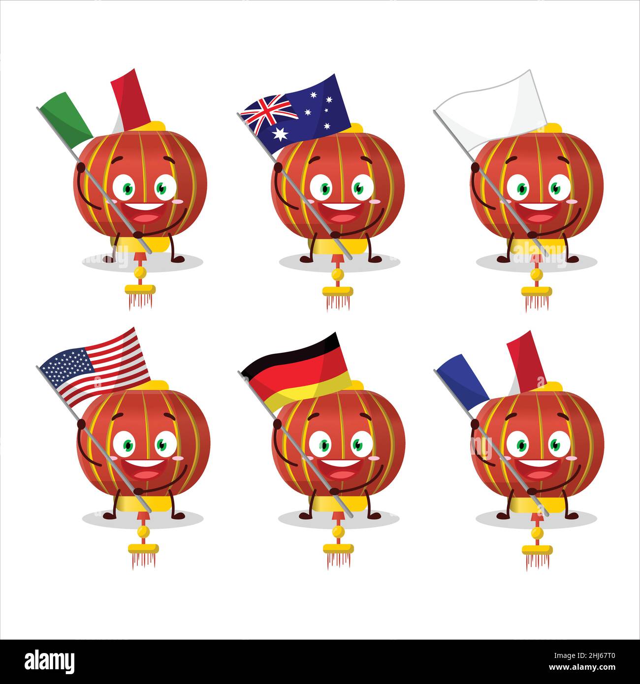 Red Chinese Lamp Cartoon Character Bring The Flags Of Various Countries