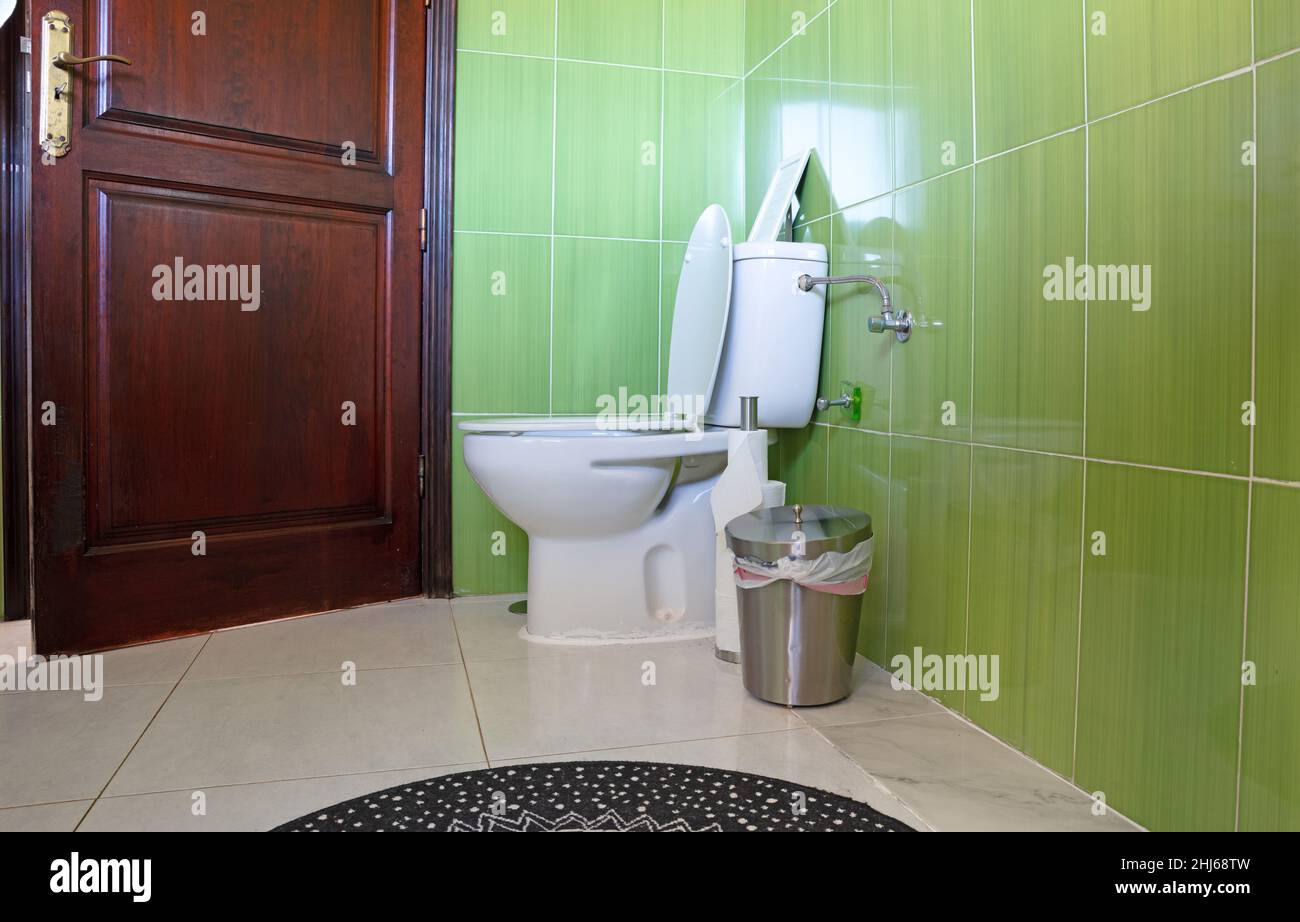 Toilet in a green bathroom, waiting to be used Stock Photo - Alamy