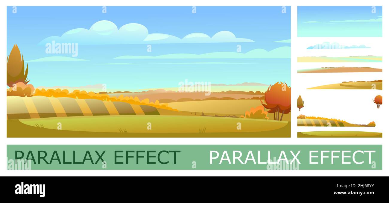 Countryside landscape with vegetable gardens and pastures. Solid layers ...