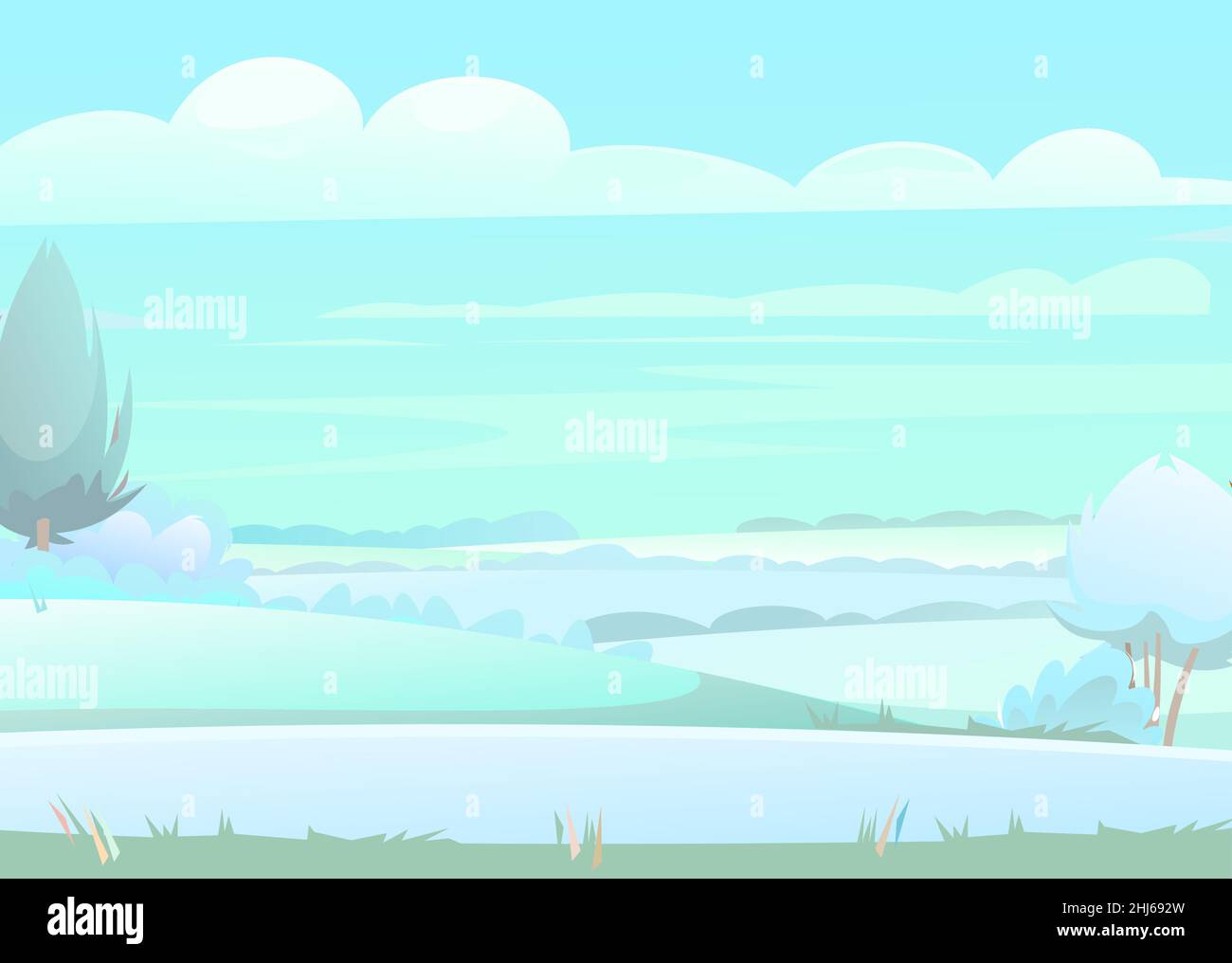 Fog Winter rural landscape with cold white snow and drifts. Beautiful ...