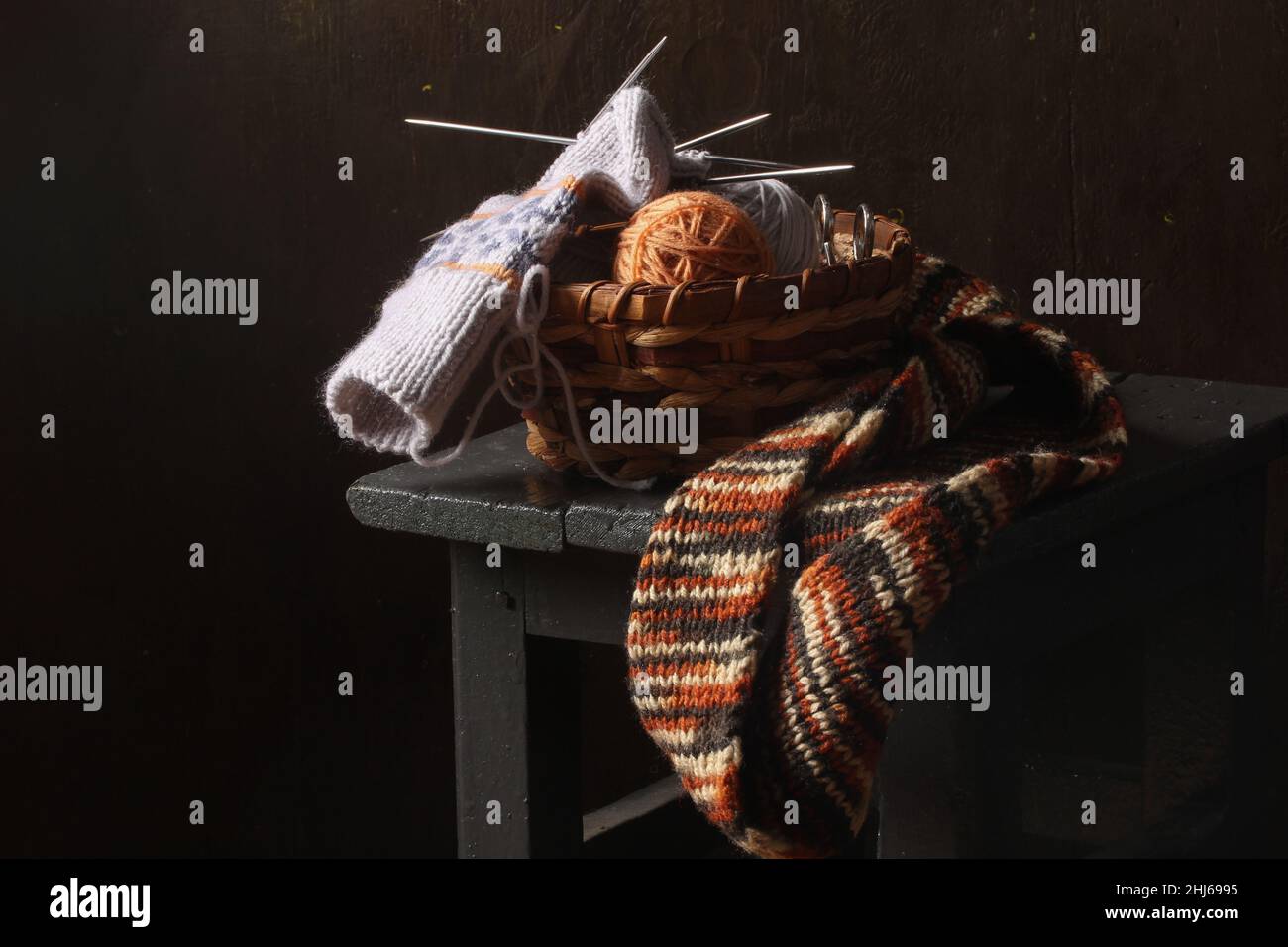 Vintage still life with with knitting items Stock Photo - Alamy