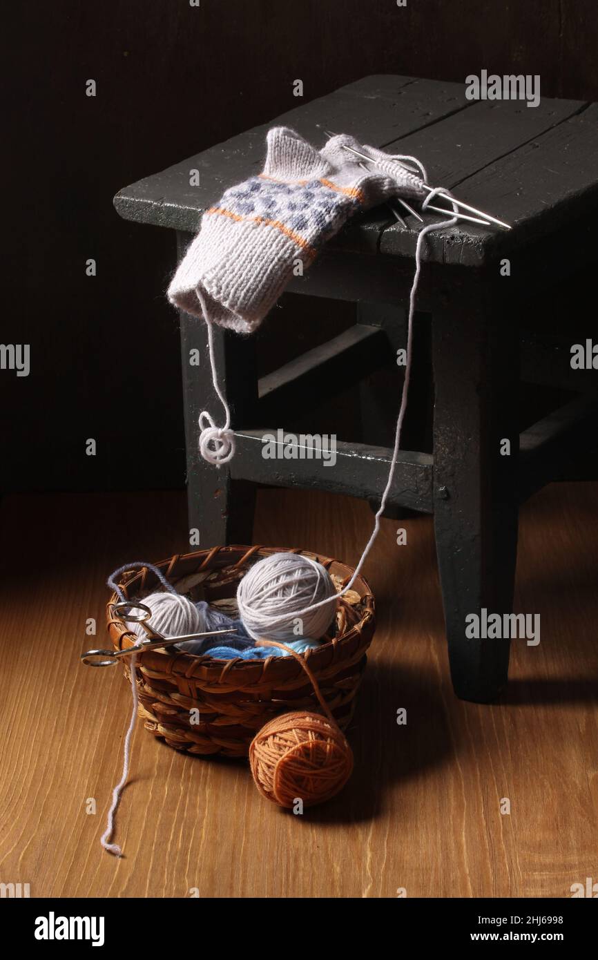 Vintage still life with with knitting items Stock Photo - Alamy
