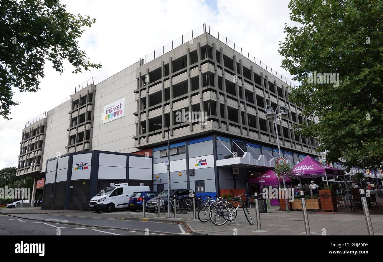 Low angle view of the Chelmsford market beneath a multi-story car park ...