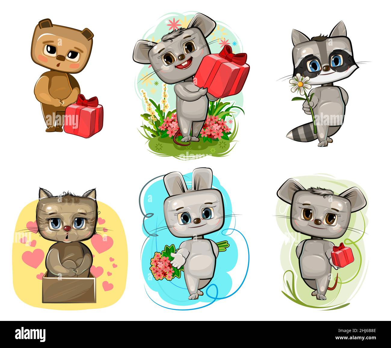 Set of cartoon animals. Festive scenes with gifts. Beautiful baby kids ...