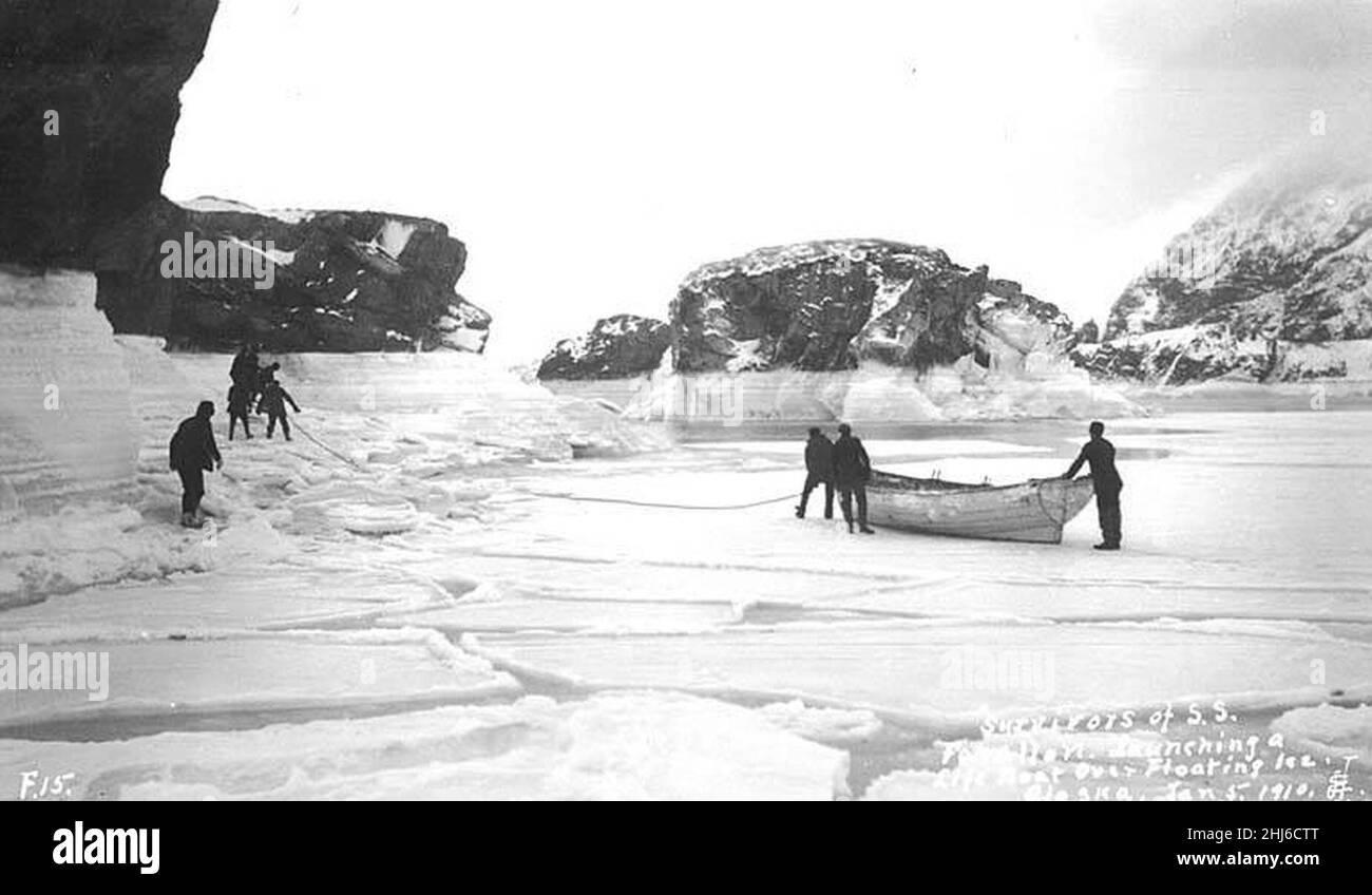 Survivors of the wrecked FARALLON launching boat, Iliamna Bay, January ...