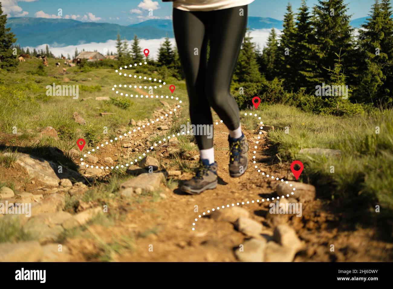 Mountain progression path. Sports shoes on a trail walking in the ...