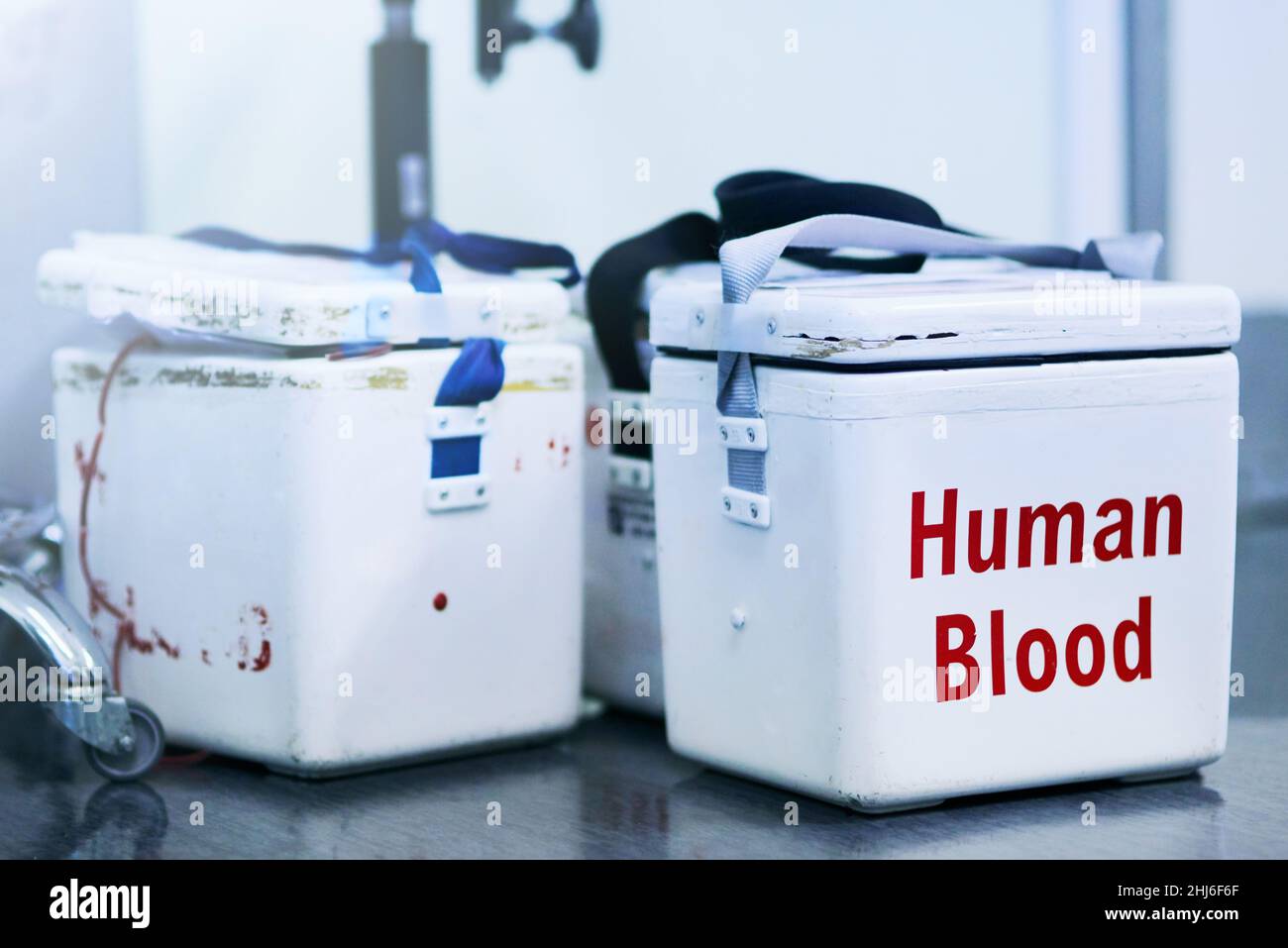 Life sustaining blood. Shot of boxes containing blood samples on a ...