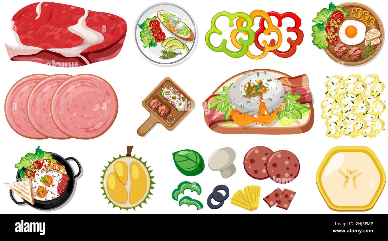 Collection of food ingredients on white background illustration Stock ...