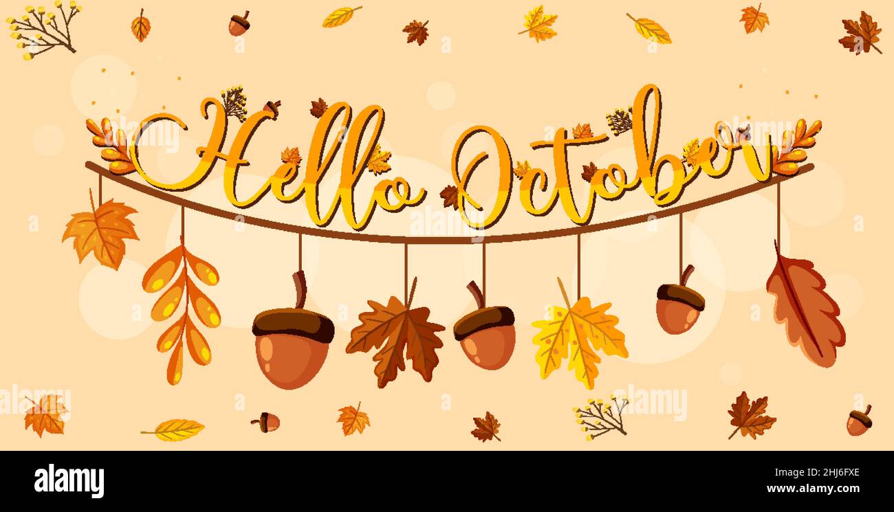 Hello October logo with ornamental autumn leaf illustration Stock ...