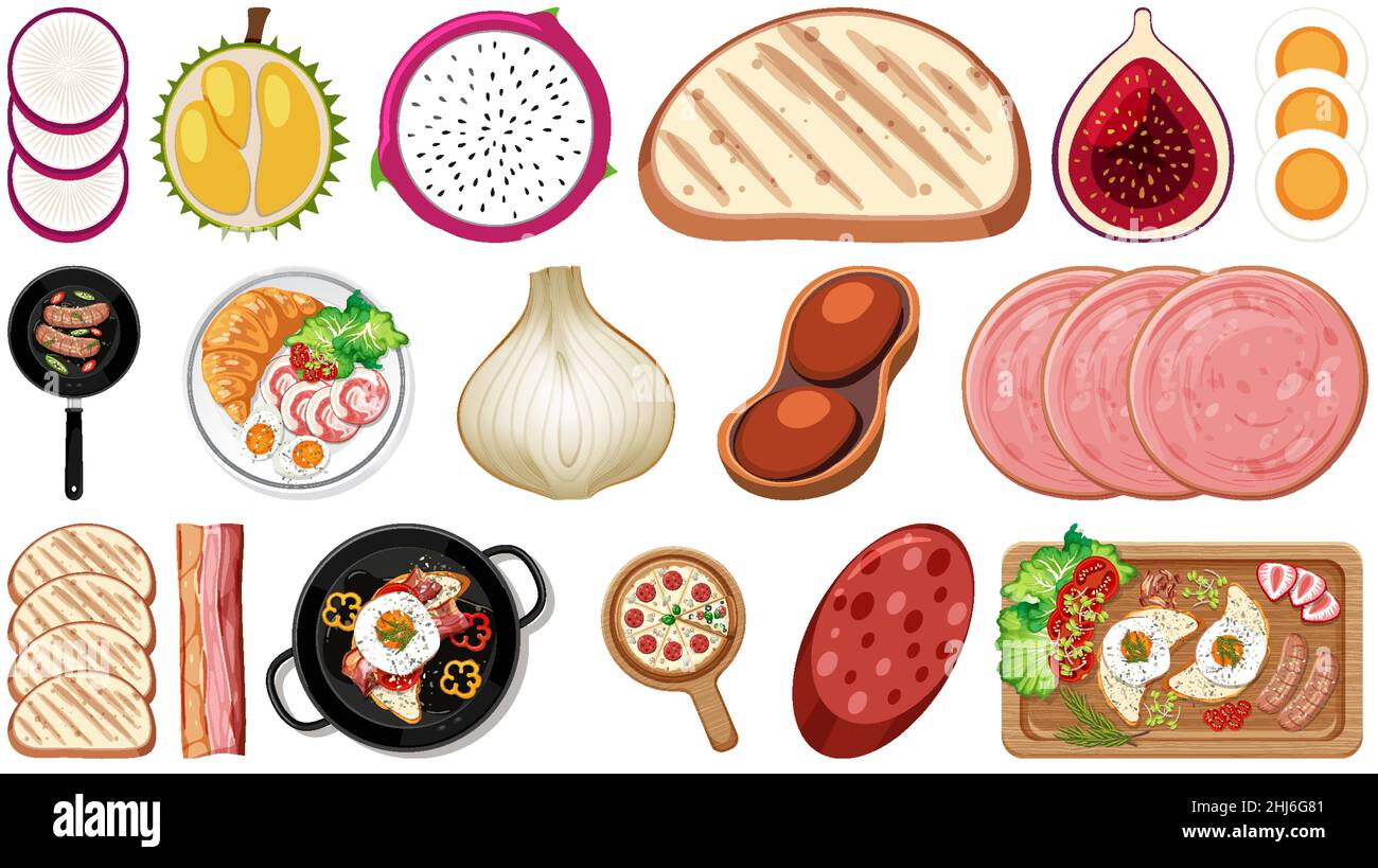 Collection of food ingredients on white background illustration Stock ...