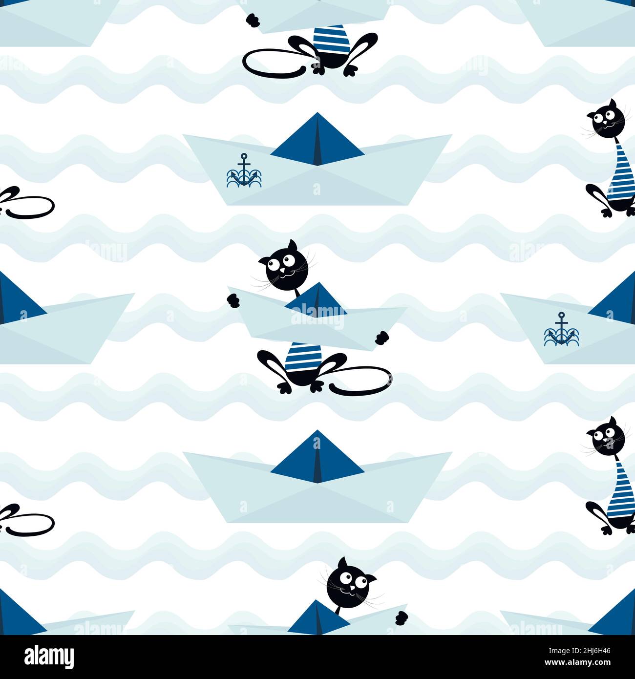 Cat sailor with a paper boat. Seamless pattern of marine drawing with a ...