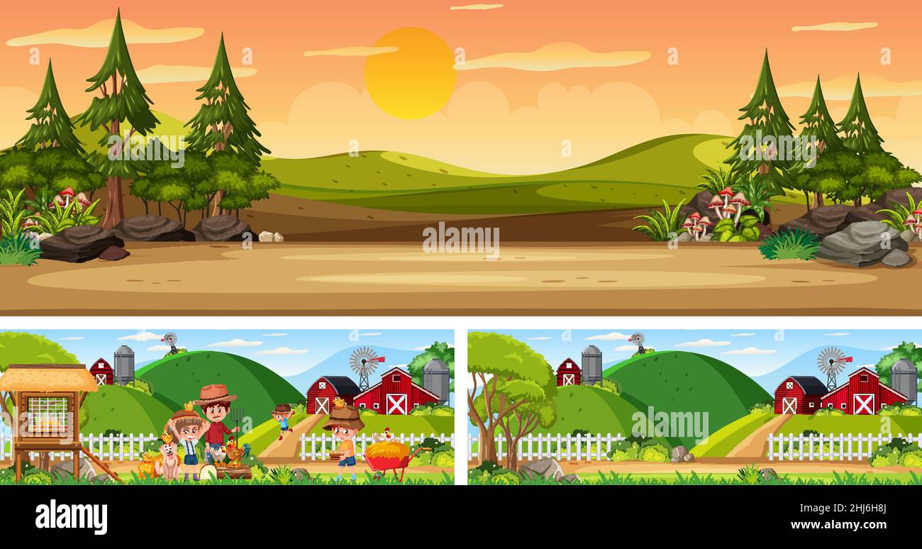 Set of outdoor panoramic landscape with cartoon character illustration ...
